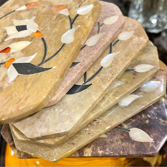 Kitchen | Hand Carved Stone Coasters Inlay Mother Of Pearl Floral ...